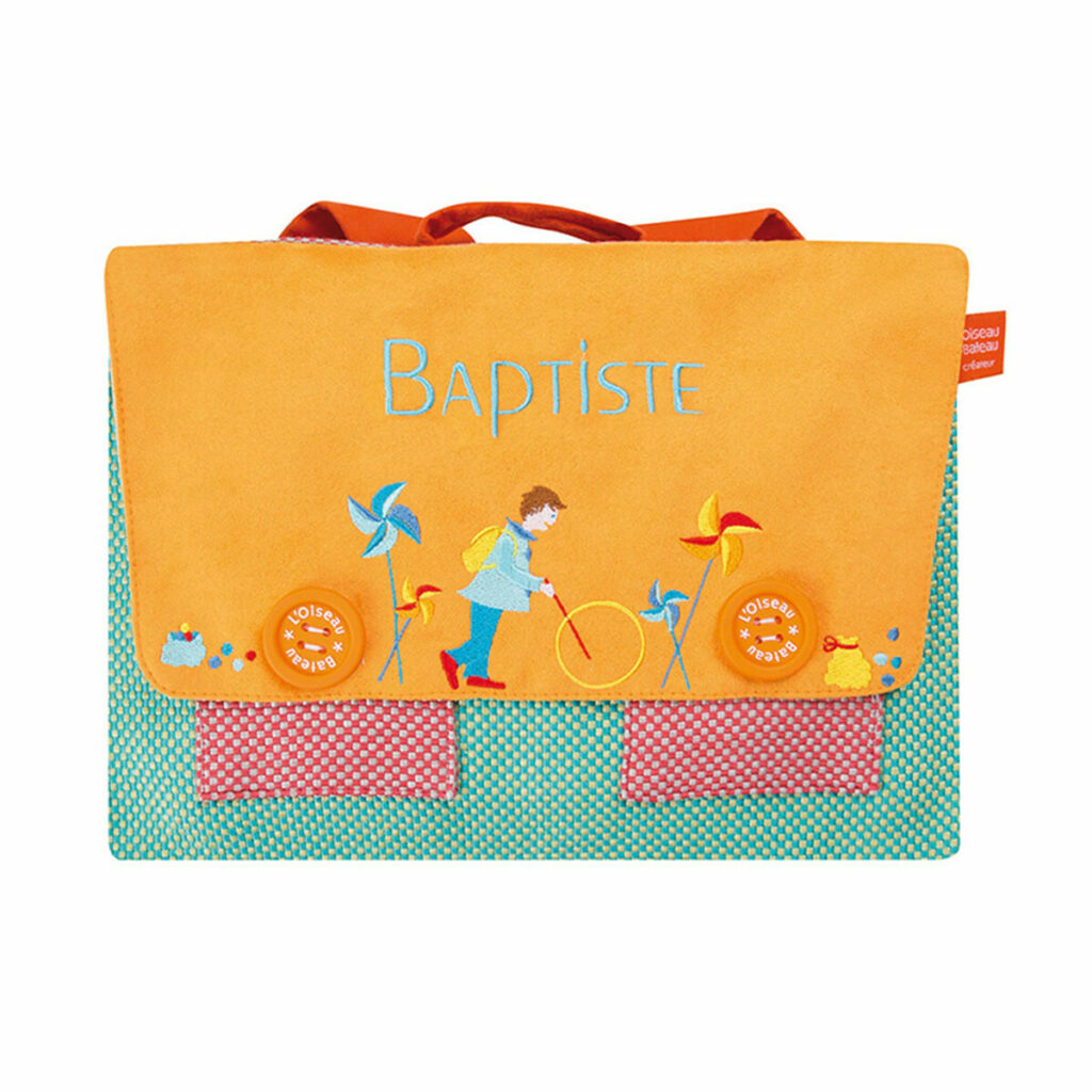 Cartable brodé personnalisé au prénom de l'enfant motif "Cerceau"